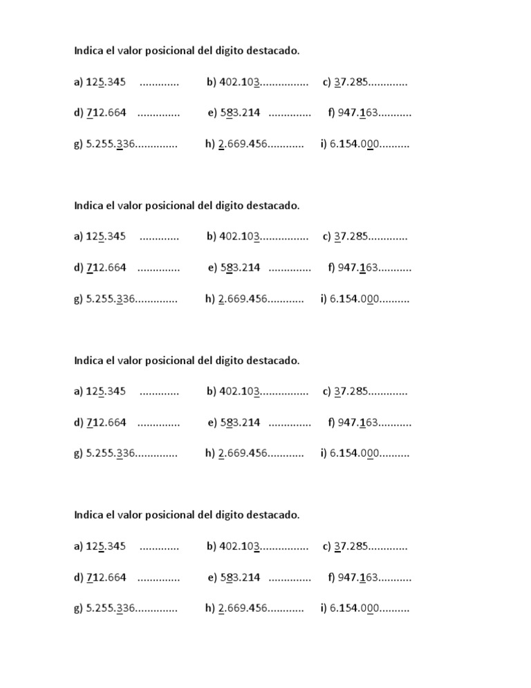 5° Basico Indica El Valor Posicional Del Digito Destacado | PDF ...