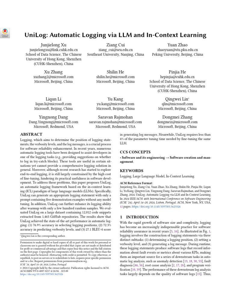 UniLog: Automatic Logging Via LLM and In-Context Learning | PDF ...