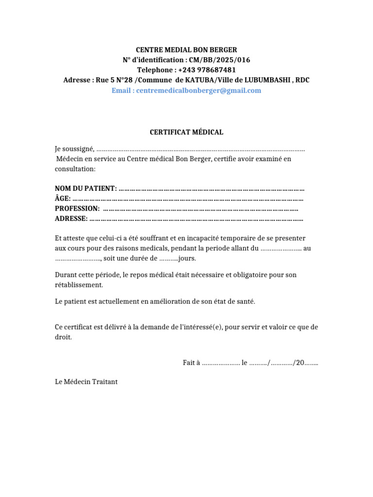 Certificat médical du Centre Bon Berger | PDF