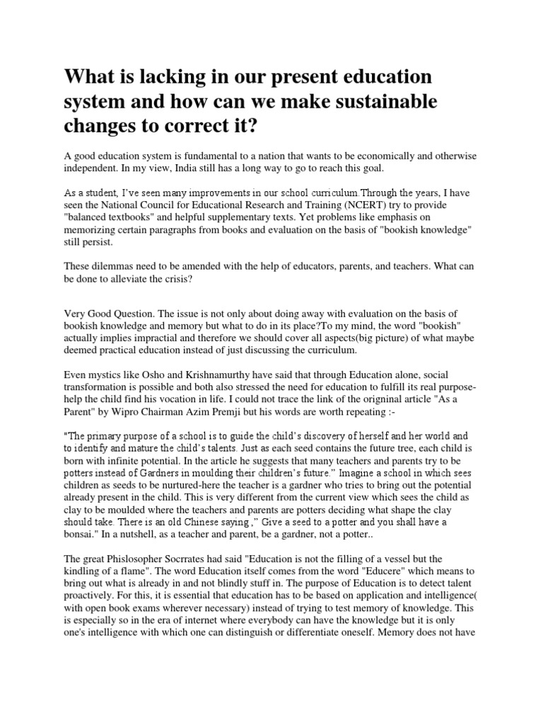 What Is Lacking in Our Present Education System | PDF | Imagination ...