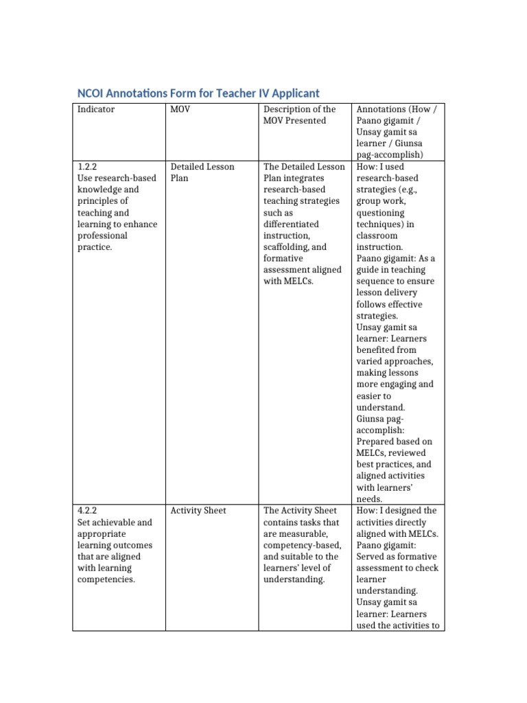 NCOI Annotations Form Teacher IV | PDF | Learning | Educational Assessment