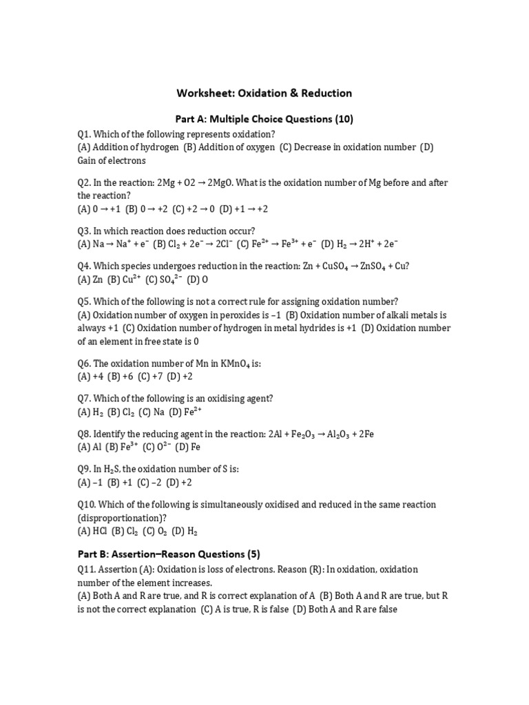 Oxidation and Reduction Worksheet | PDF | Redox | Chlorine