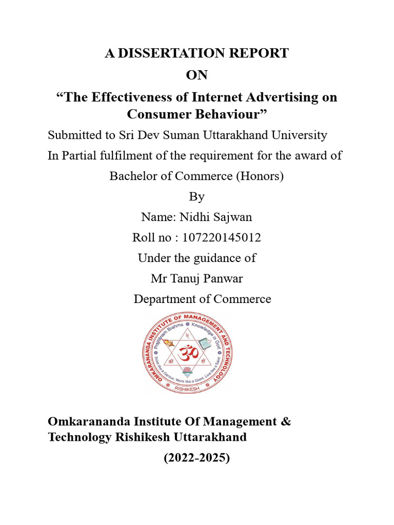 Project Report On The Effectiveness of Internet Advertising On Consumer ...