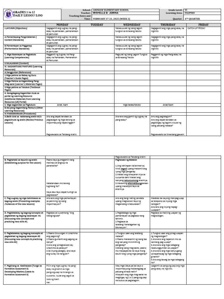 DLL Filipino 6 q4 w2 | PDF