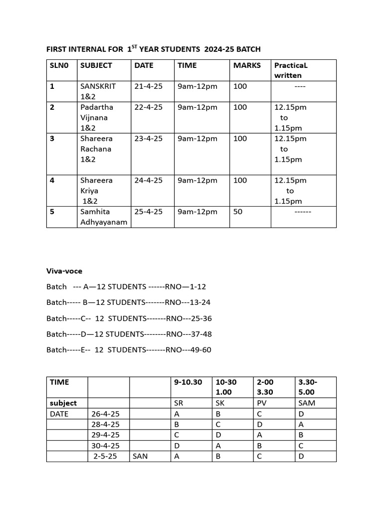 Internal Time Table | PDF