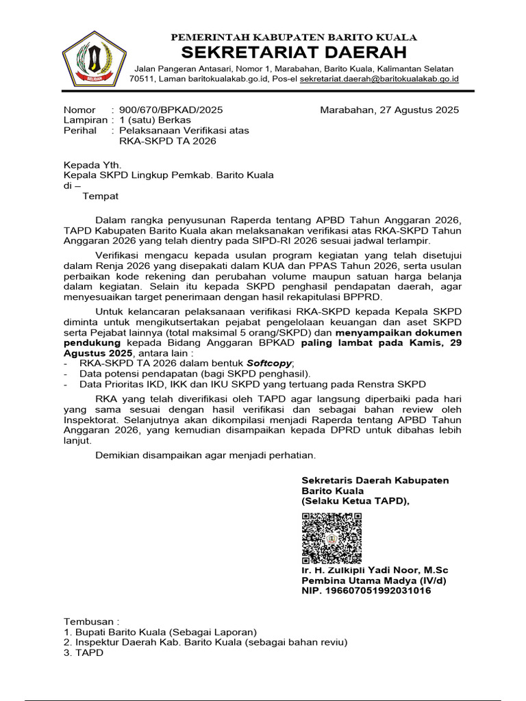Verifikasi RKA-SKPD TA 2026 Barito Kuala | PDF