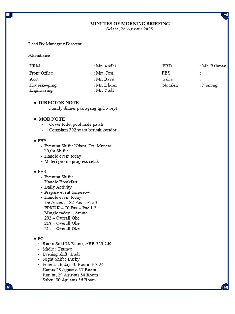 Minutes of Morning Briefing 26 Agustus 2025 | PDF