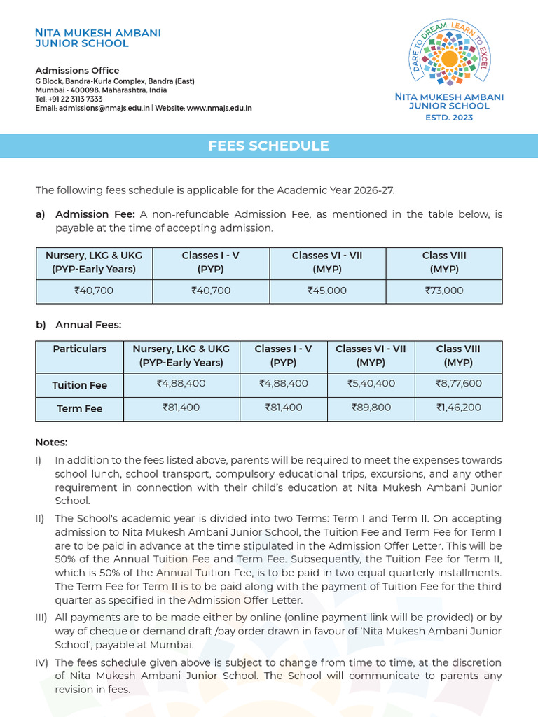 Nita Mukesh Ambani Junior School Fees | PDF | Payments
