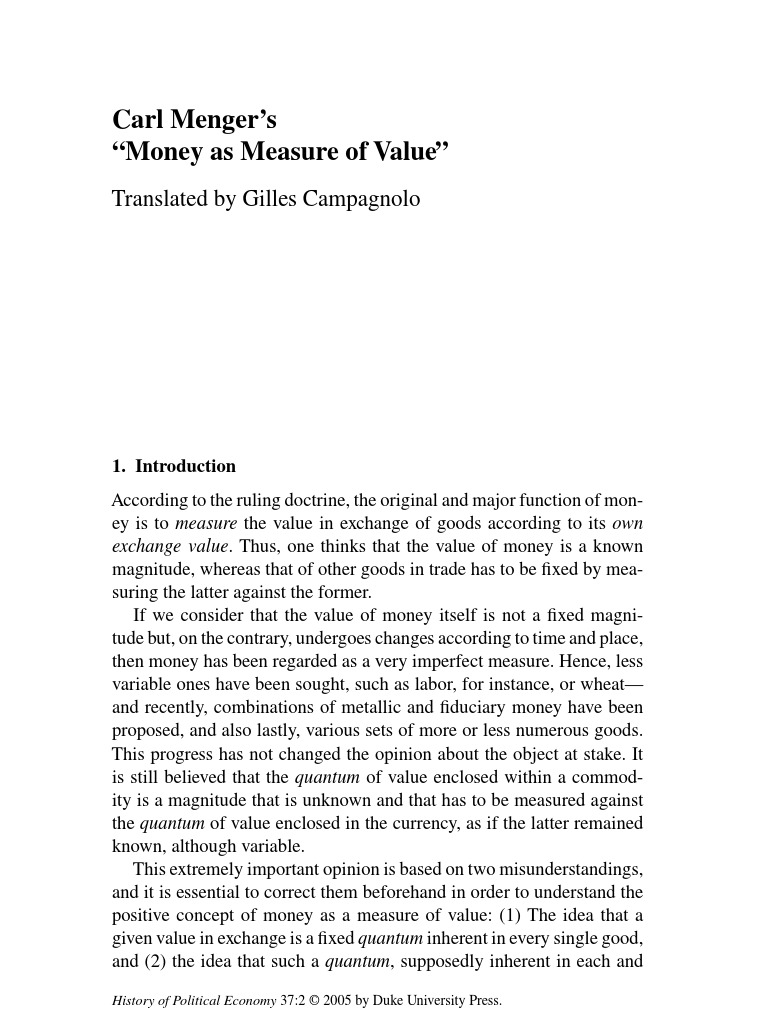 Menger, Money As Measure of Value | PDF | Value (Economics) | Exchange ...