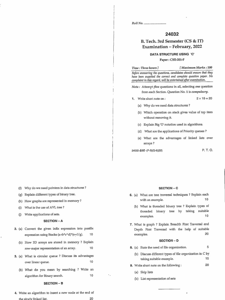 Btech Cse 3rd Sem Feb 2022 Data Structure Using C 24032 | PDF