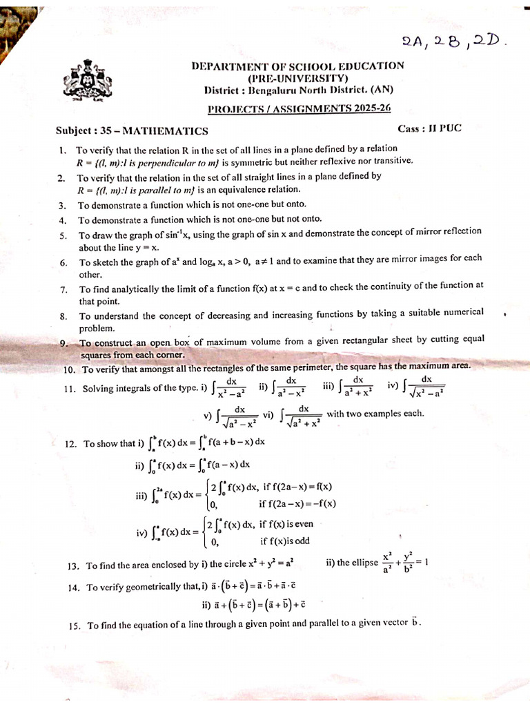 II PUC Mathematics Assignment 2025-26 | PDF