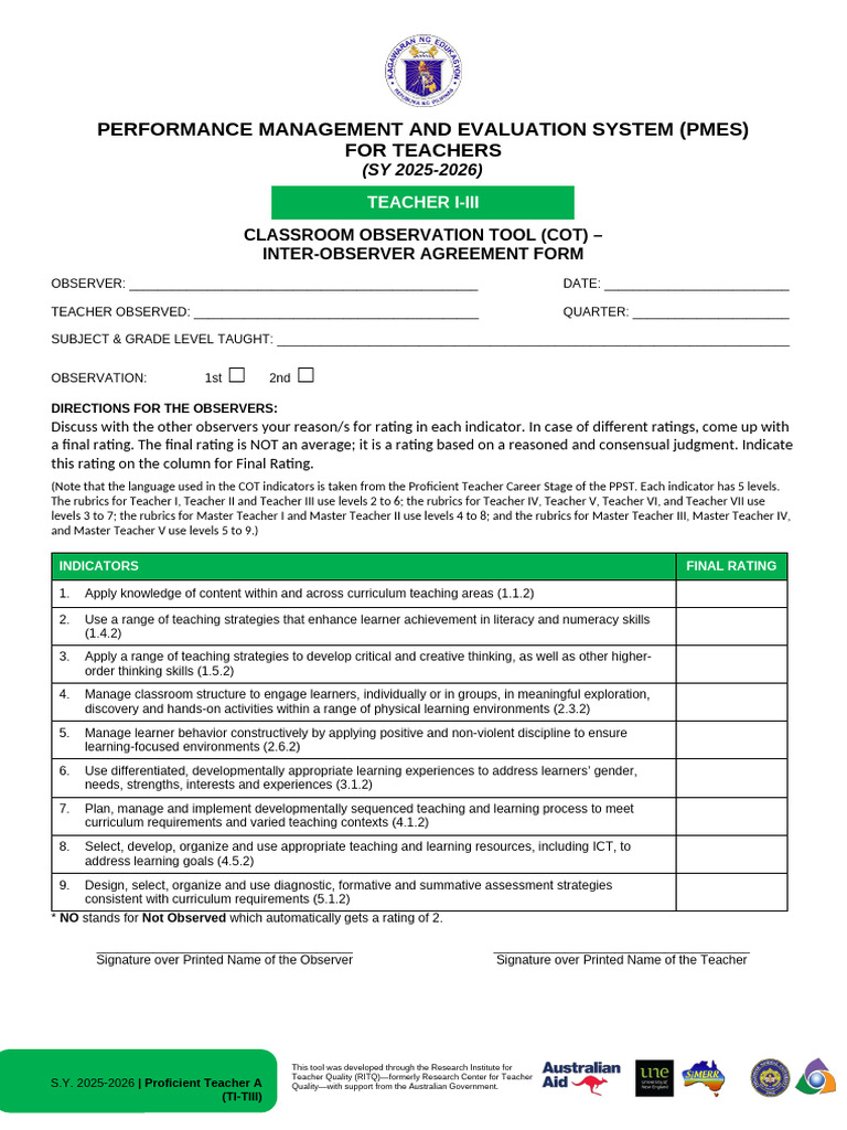 Annex E-3 - COT Inter-Observer Agreement Form For Beginning Towards ...
