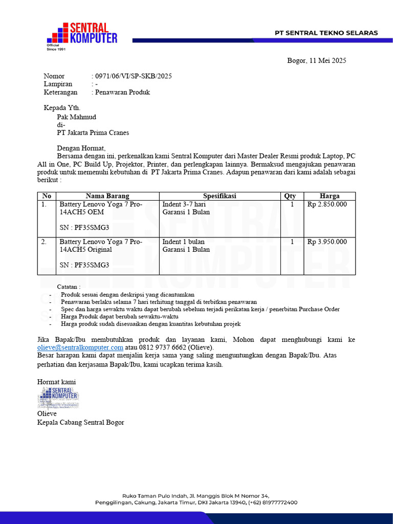 0971 Surat Penawaran - PT Jakarta Prima Cranes | PDF