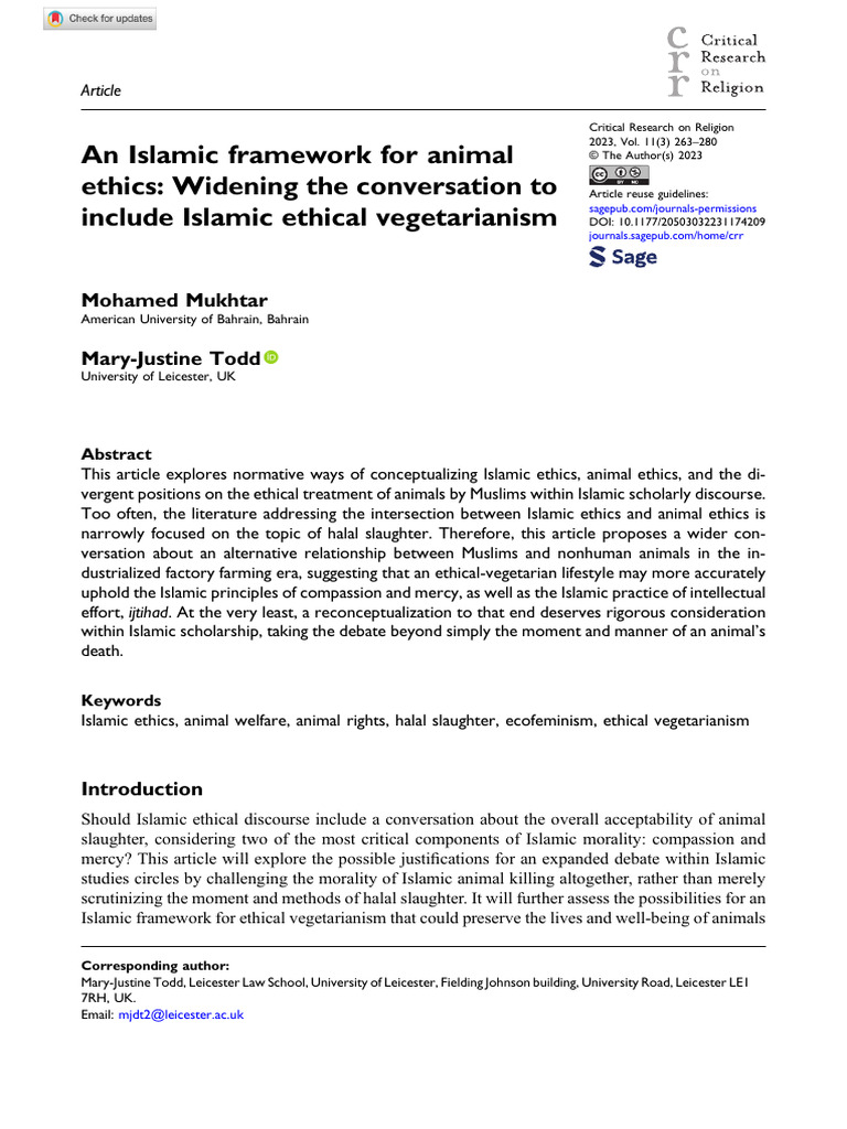 Mukhtar Todd 2023 An Islamic Framework For Animal Ethics Widening The ...