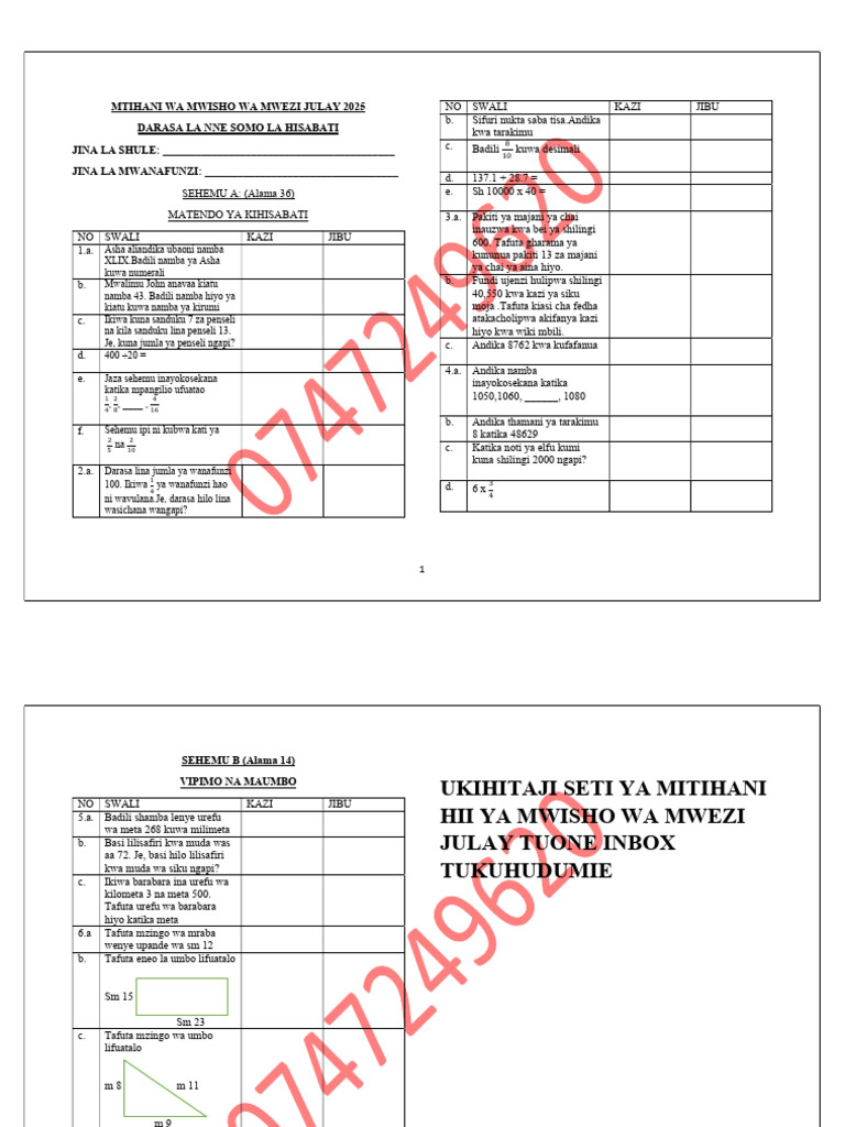 Mitihani Ya Drs 4 Ya Mwisho Wa Mwezi Julay Fomati Mpya Ya Necta 2025 | PDF
