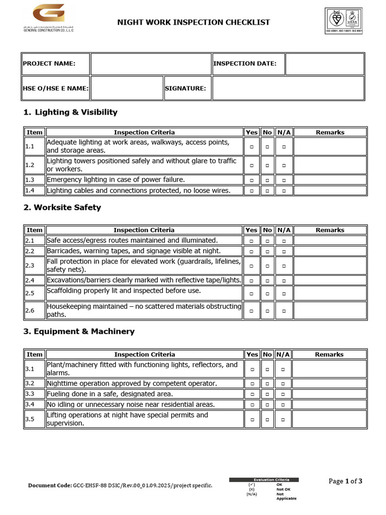 Night Work Safety Inspection Checklist | PDF | Personal Protective ...