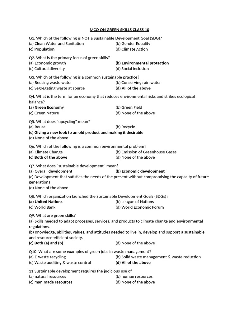 Class 10 MCQs on Green Skills | PDF | Sustainability | Sustainable ...