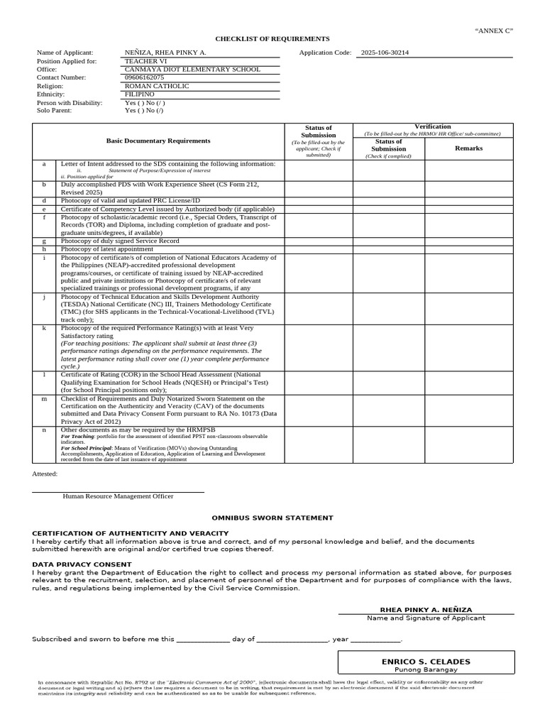 Teacher VI Application Requirements Checklist | PDF