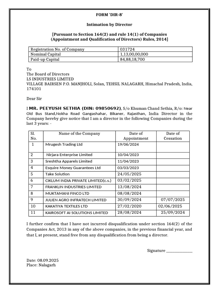 Director Intimation Form DIR-8 Details | PDF