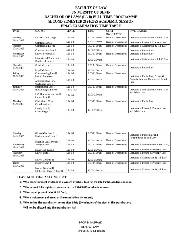Law Second Semester 2025 Timetable-1 | PDF | Justice | Crime & Violence