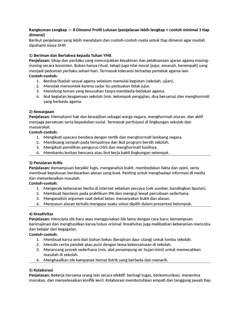 Rangkuman 8 Dimensi Profil Pelajar Pancasila | PDF