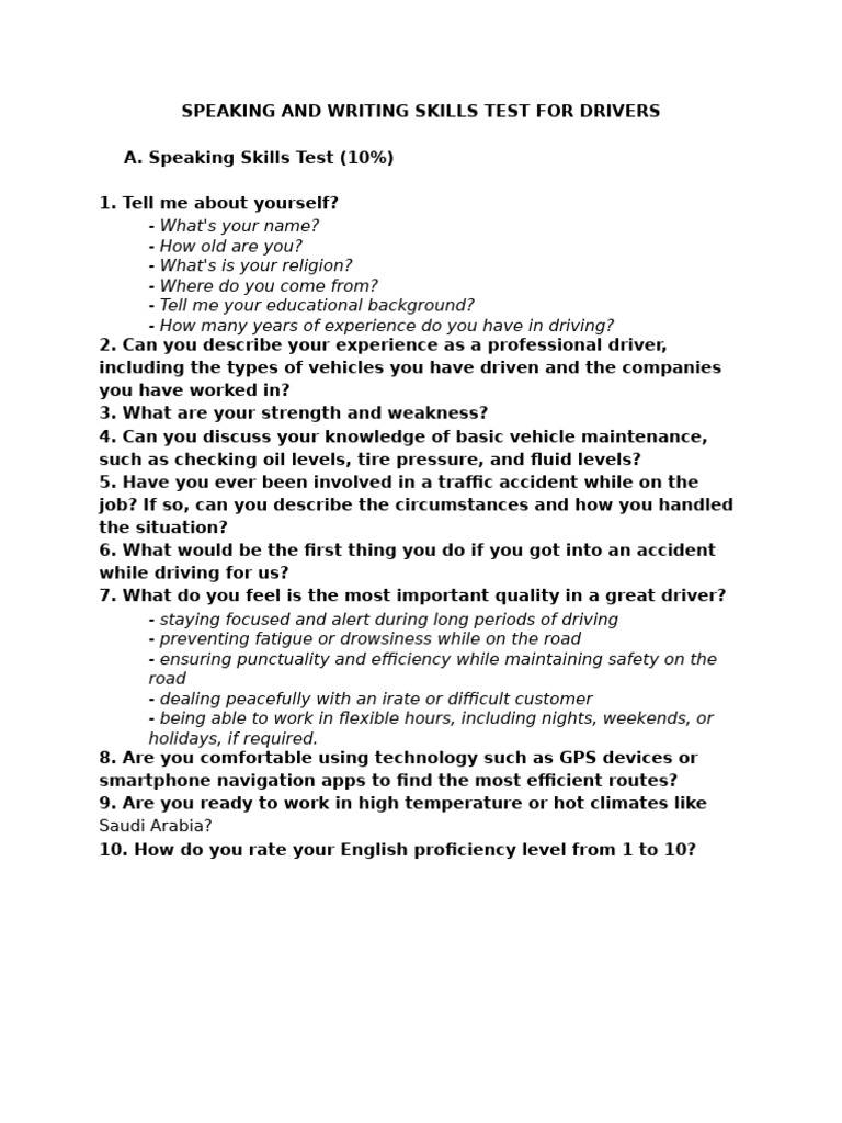 Driver Skills Assessment: Speaking & Writing | PDF