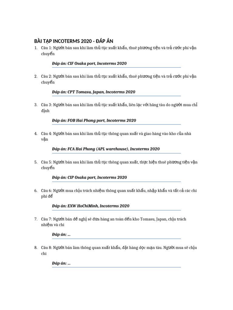 BaiTap Incoterms DapAn | PDF