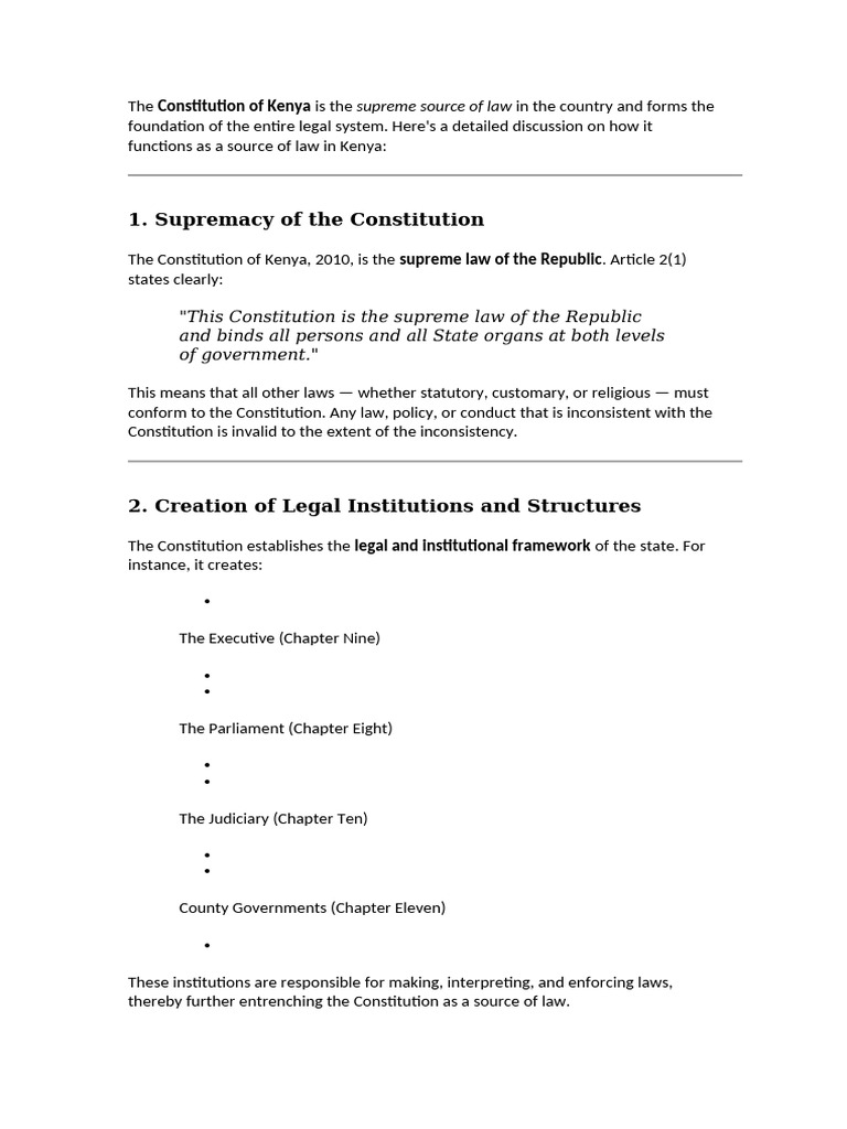 The Constitution of Kenya Is The Supreme Source of | PDF | Constitution ...