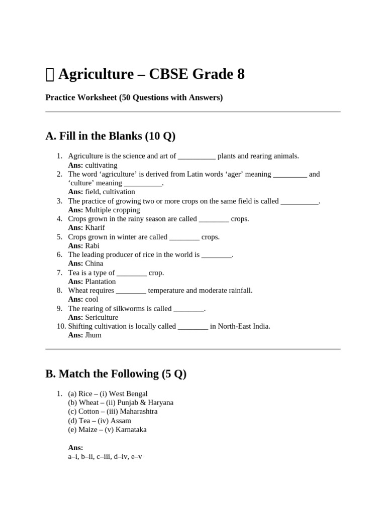 Agriculture Practice Worksheet for CBSE 8 | PDF | Agriculture | Soil