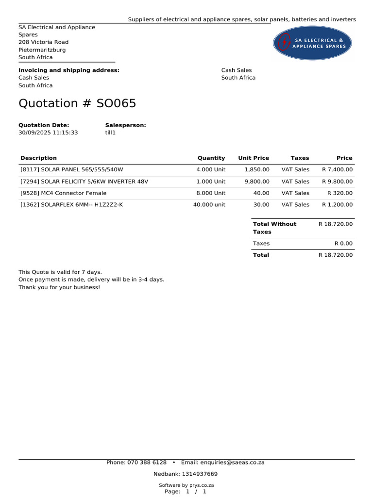Solar Equipment Quotation SO065 | PDF