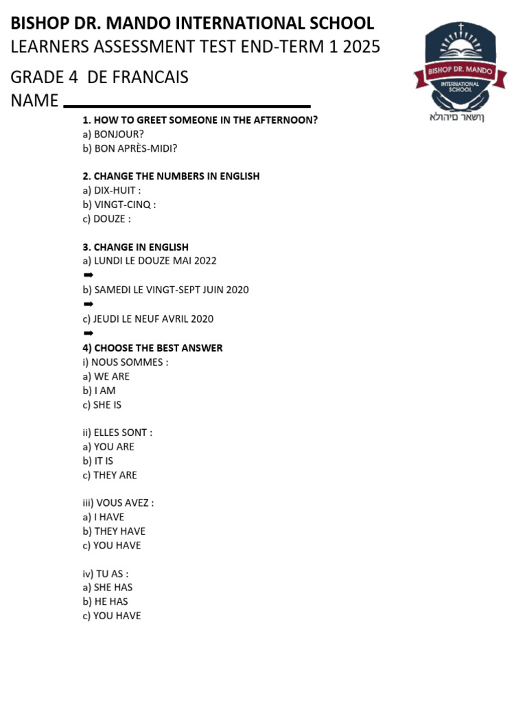 Grade 4 French Assessment 2025 | PDF