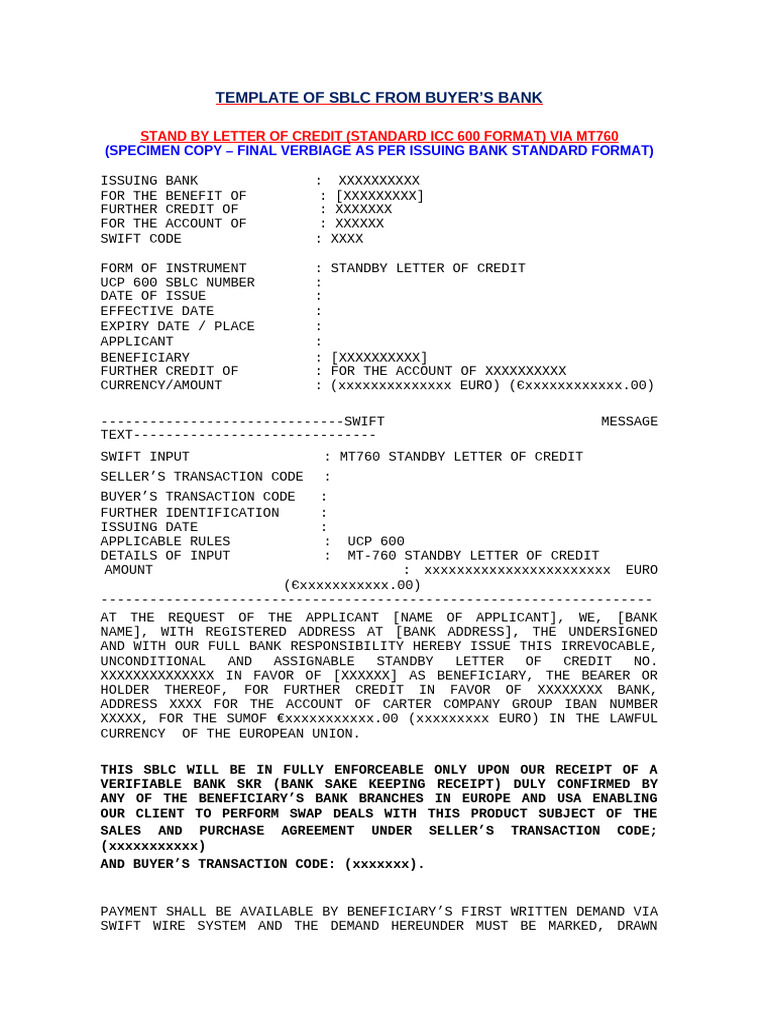 Template of Acceptable SBLC | PDF | Letter Of Credit | Payments