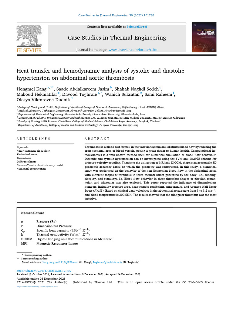 Heat Transfer and Hemodynamic Analysis of Systolic An 2022 Case Studies ...