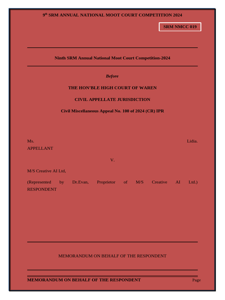 Moot Court Memorial - Responded - Copyright and AI | PDF | Artificial ...