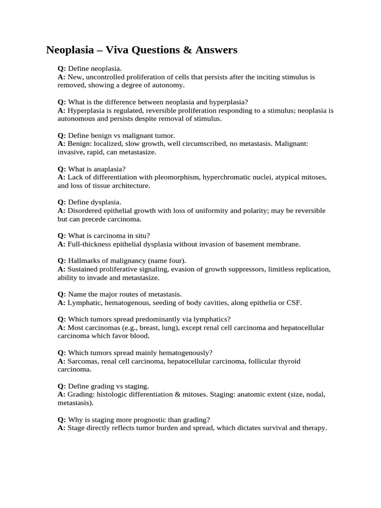 Neoplasia, MSK Viva Questions I | PDF | Metastasis | Carcinoma