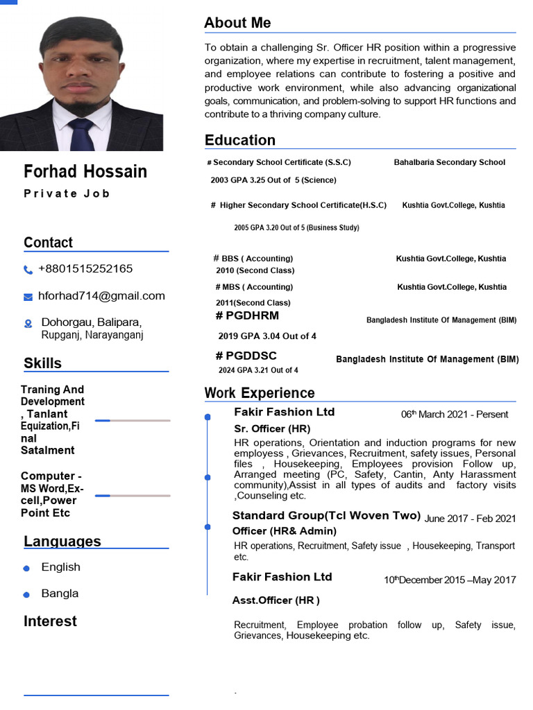 HR Officer Resume for Forhad Hossain | PDF | Business | Economies
