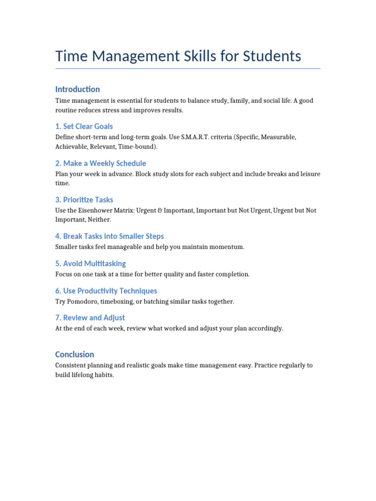 Time Management Skills For Students | PDF