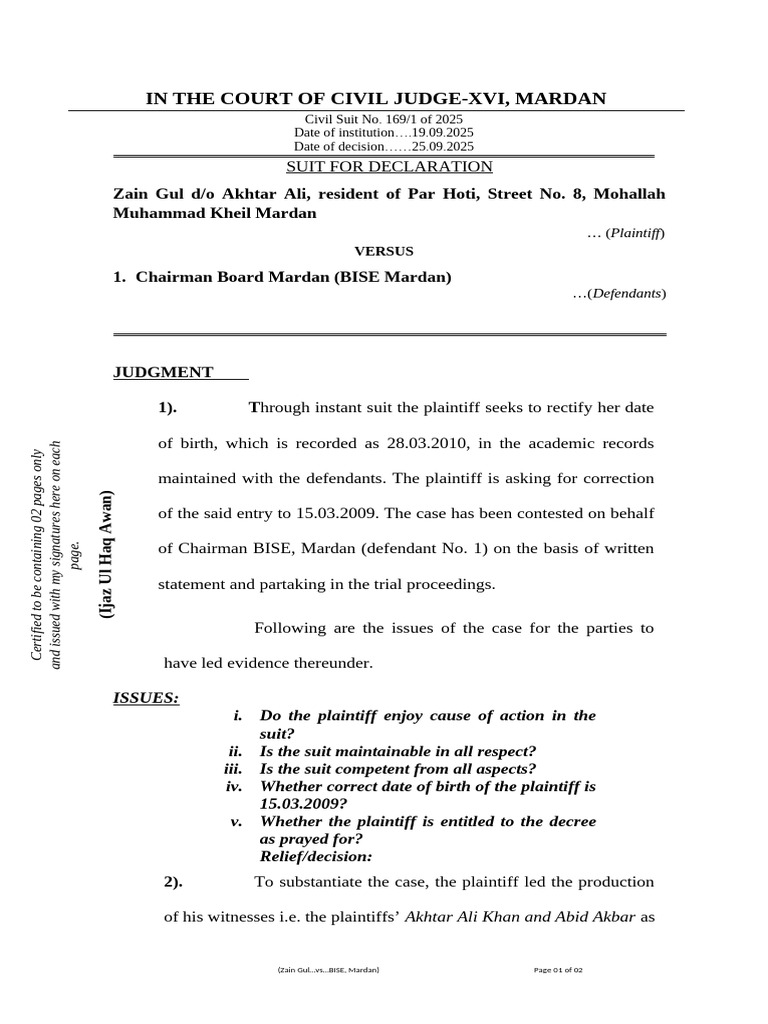 Zain Gul Vs Board Etc (D.O.B.) 25.09.2025 | PDF | Lawsuit | Legal Procedure