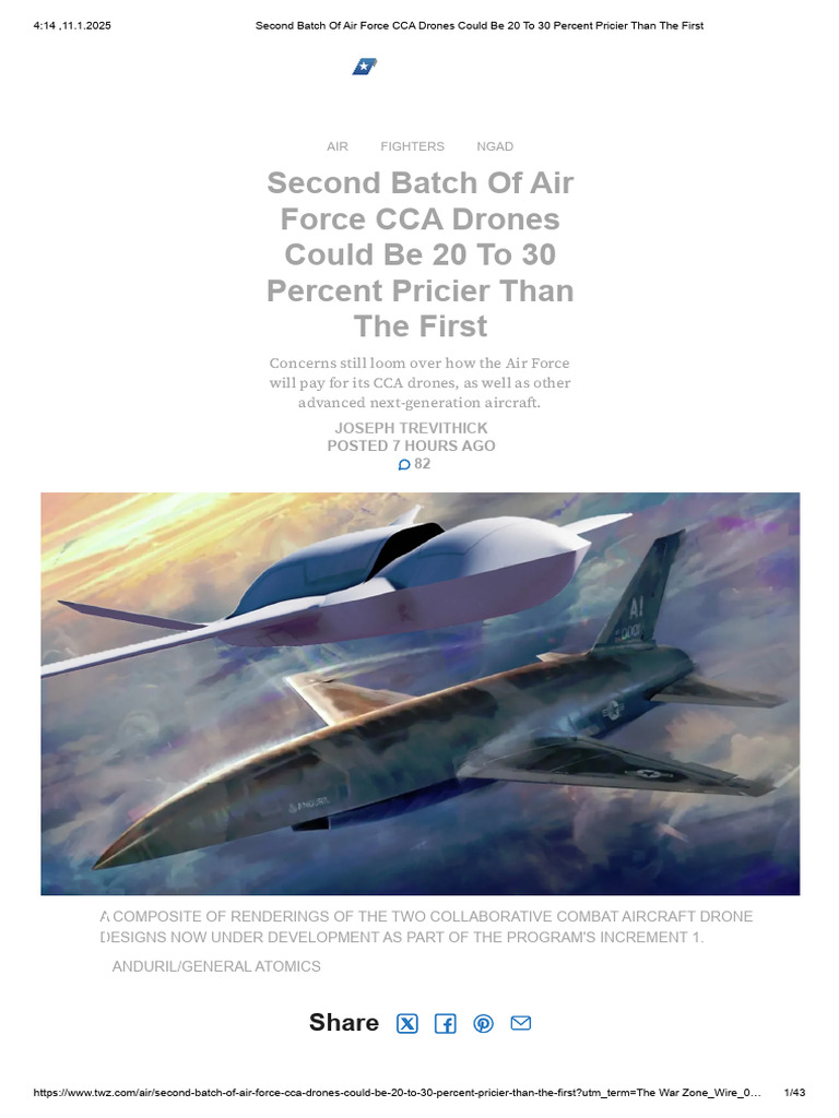Second Batch of Air Force CCA Drones Could Be 20 To 30 Percent Pricier ...
