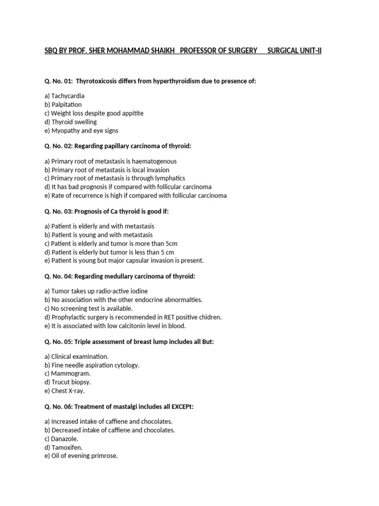 SEQ Prof. Sher Mohammad Shaikh | PDF | Thyroid | Hyperthyroidism
