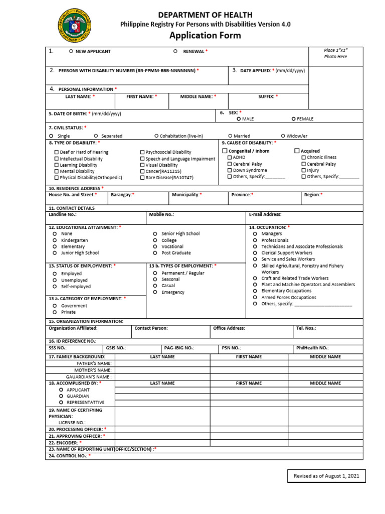 PWD Application Form and Instructions | PDF | Employment | Disability