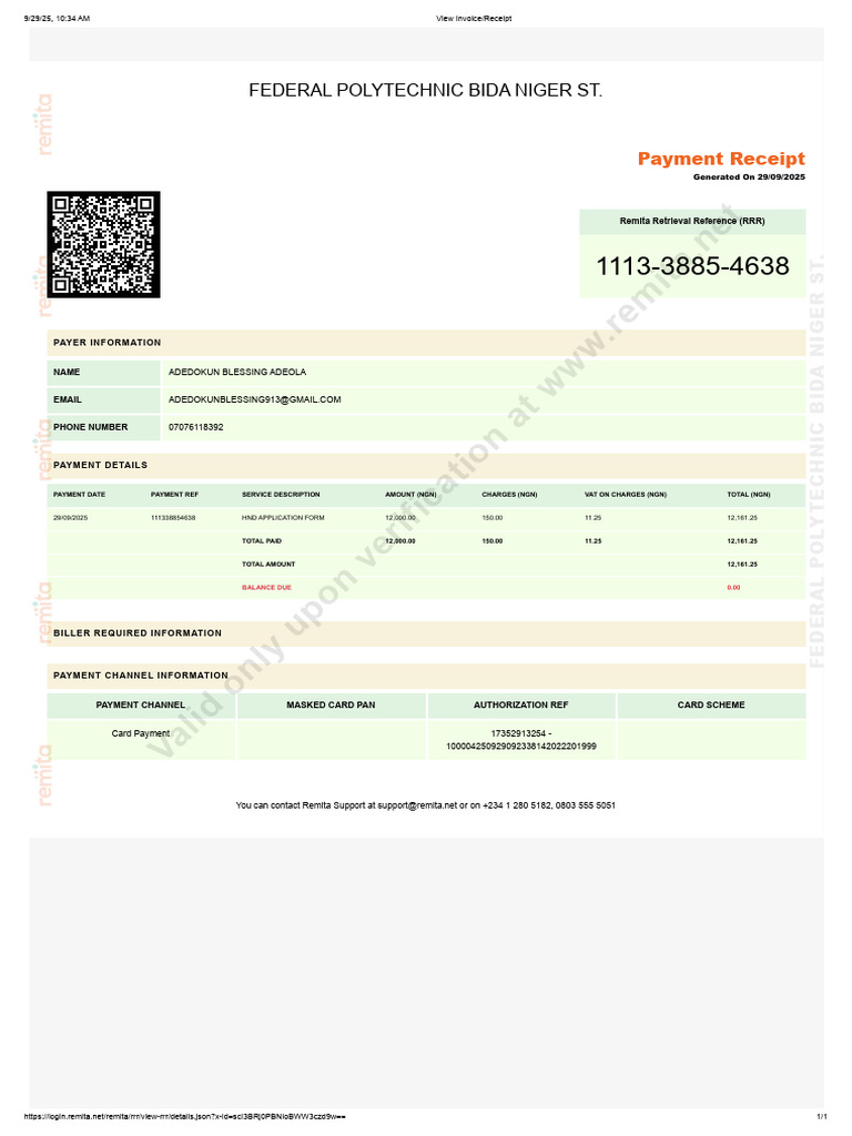 Adedokun Blessing Adeola HND Form Fees RRR View Invoice - Receipt | PDF ...