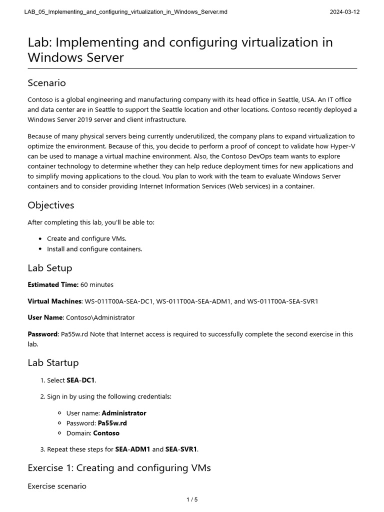 LAB 05 Implementing and Configuring Virtualization in Windows Server | PDF | Hyper V | Software