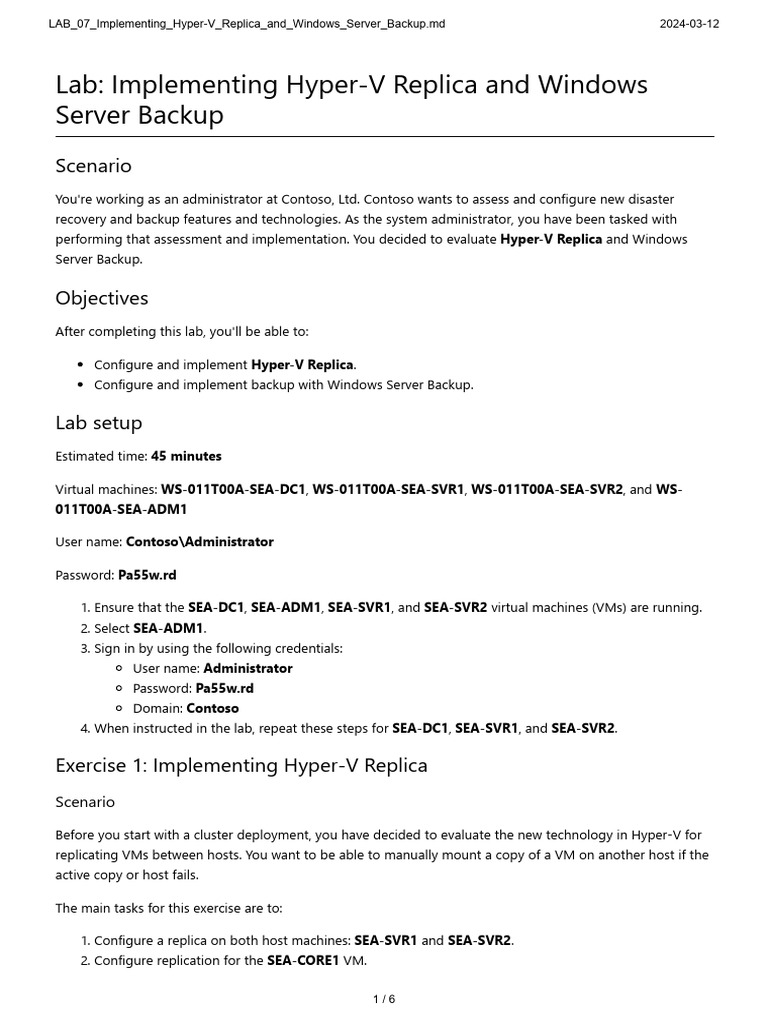 LAB 07 Implementing Hyper-V Replica and Windows Server Backup | PDF | Hyper V | Virtual Machine
