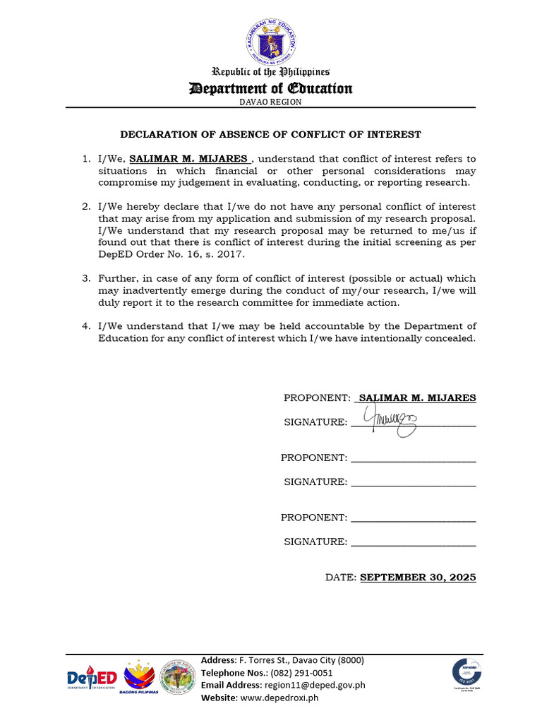 Annex 3 Declaration of Absence of Conflict of Interest Mijares | PDF