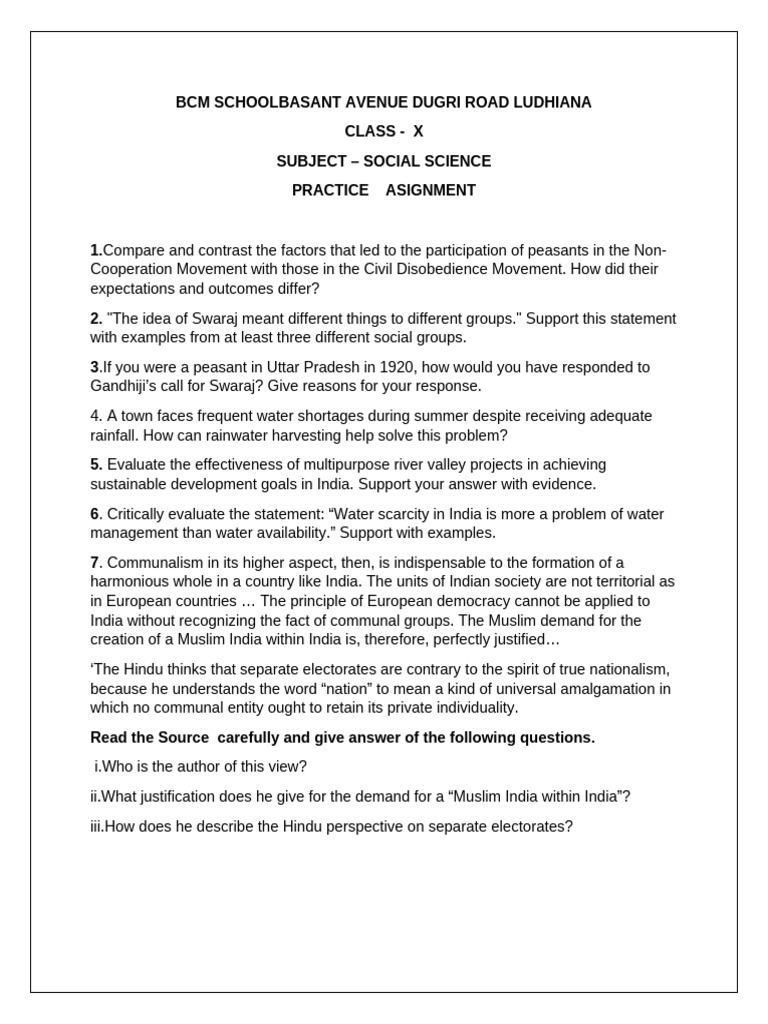 Competency Based Practice Assignment Class X | PDF