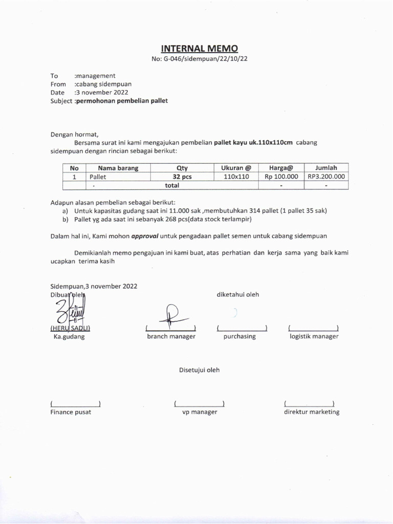 Memo Permohonan Pembelian Pallet | PDF