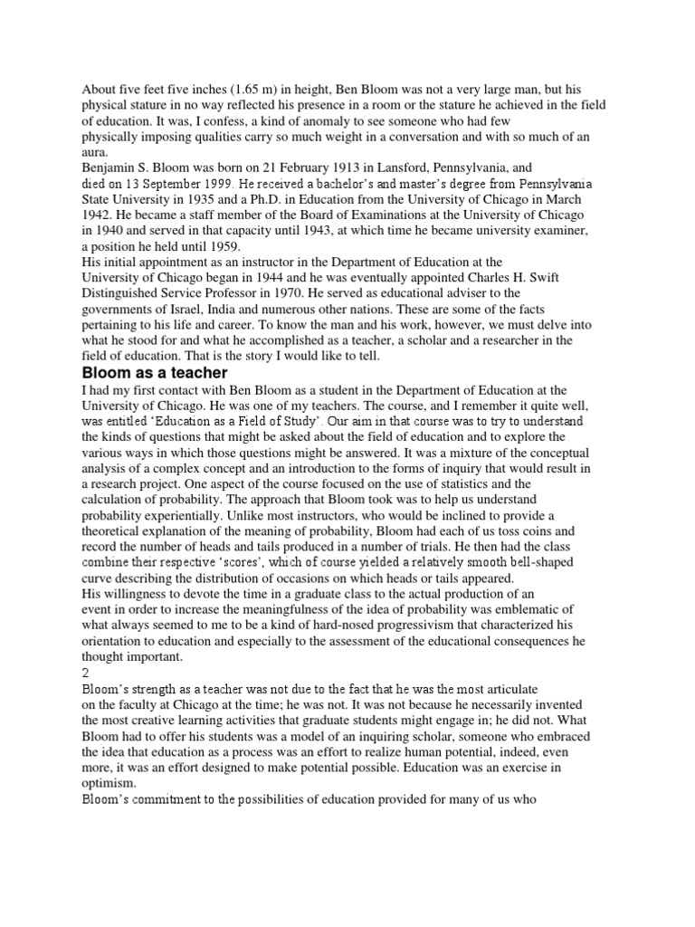 Benjamin Bloom: A Profile of an Educational Visionary and his ...