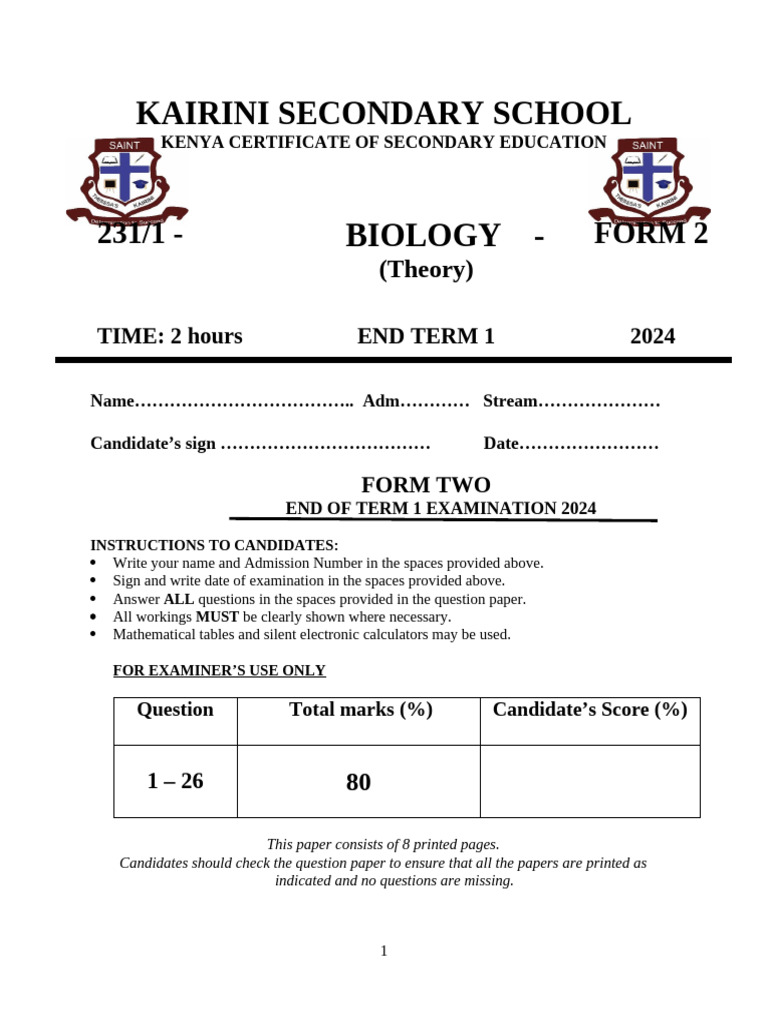 Kairini High School Biology F2 End Term 1 2024 Exam | PDF | Biology