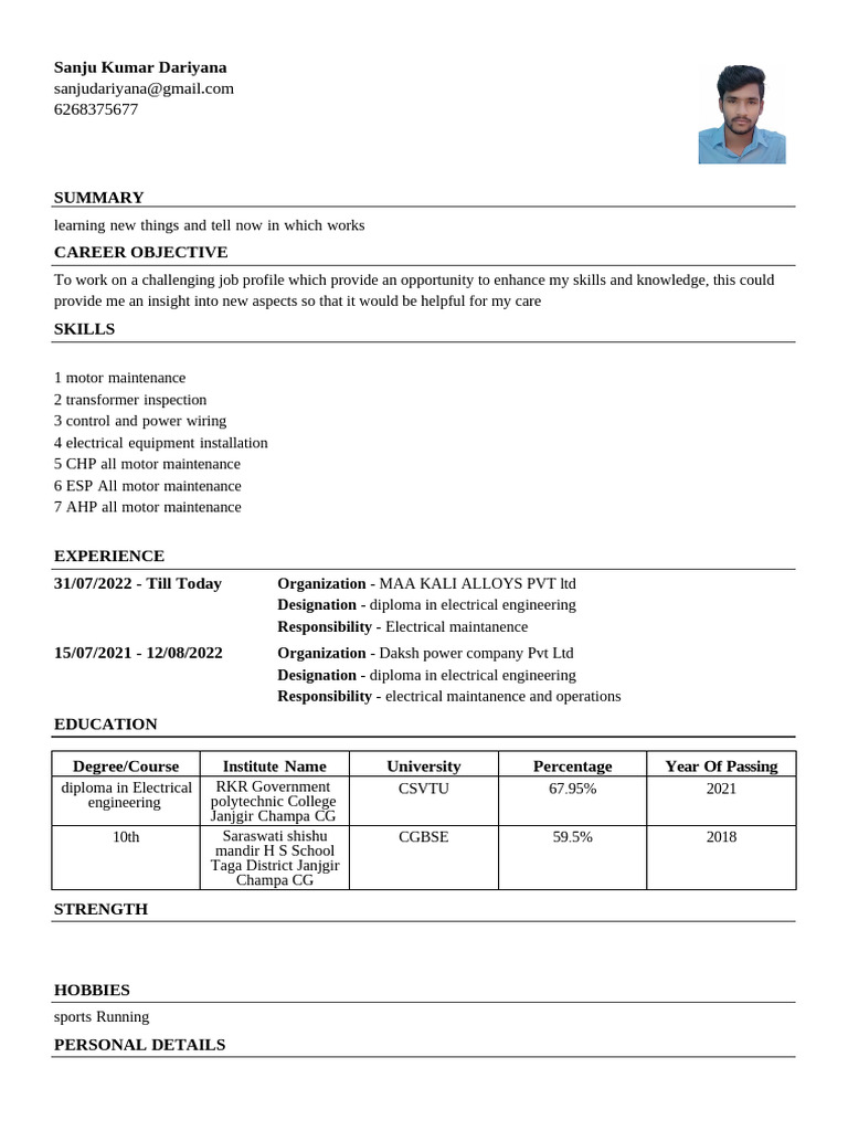 Dariyana Store: Electrical Engineer Resume | PDF